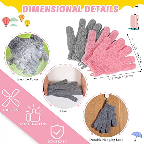 4 Pack Exfoliating Shower Bath Gloves Back Scrubber Set, 2 Exfoliating Body Scrubber Nylon Back Washer, 2 Pairs Scrub Gloves for Women Men Children Skin Pull Strap Washcloth (Pink, Gray)