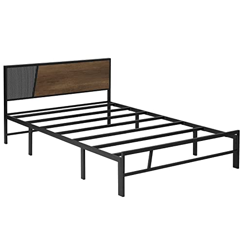 Alecono Heavy Duty Full Metal Bed Frame with Wood Headboard, Non-Slip Sturdy Steel Bed Platform Mattress Foundation No Box Spring Needed, Black