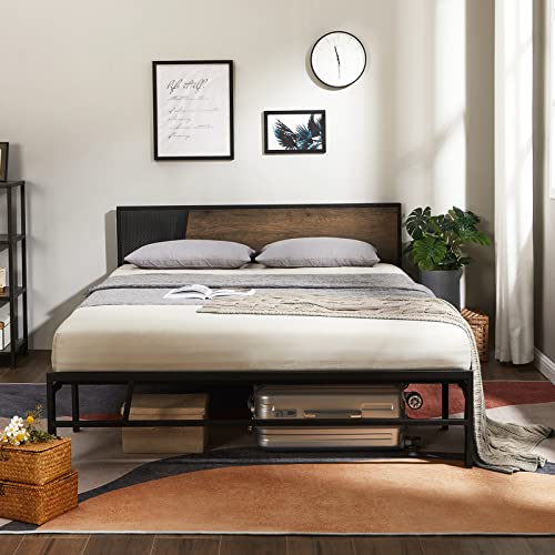 Alecono Heavy Duty Full Metal Bed Frame with Wood Headboard, Non-Slip Sturdy Steel Bed Platform Mattress Foundation No Box Spring Needed, Black