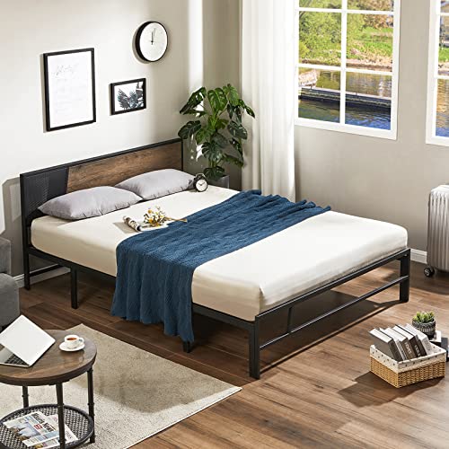 Alecono Heavy Duty Full Metal Bed Frame with Wood Headboard, Non-Slip Sturdy Steel Bed Platform Mattress Foundation No Box Spring Needed, Black