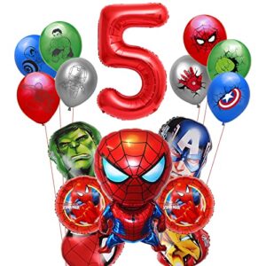 16pcs superhero birthday party balloons spider foil balloons，children's superhero theme 5th birthday party decorations (5 years old)