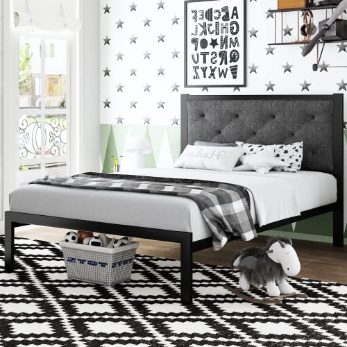 SHA CERLIN Twin Size Metal Platform Bed Frame with Fabric Upholstered Button Tufted Headboard, Mattress Foundation with 17 Strong Metal Slats Support, No Box Spring Needed, Easy Assembly, Dark Grey