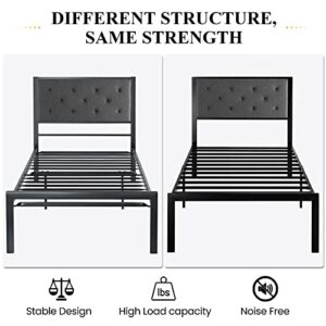 SHA CERLIN Twin Size Metal Platform Bed Frame with Fabric Upholstered Button Tufted Headboard, Mattress Foundation with 17 Strong Metal Slats Support, No Box Spring Needed, Easy Assembly, Dark Grey