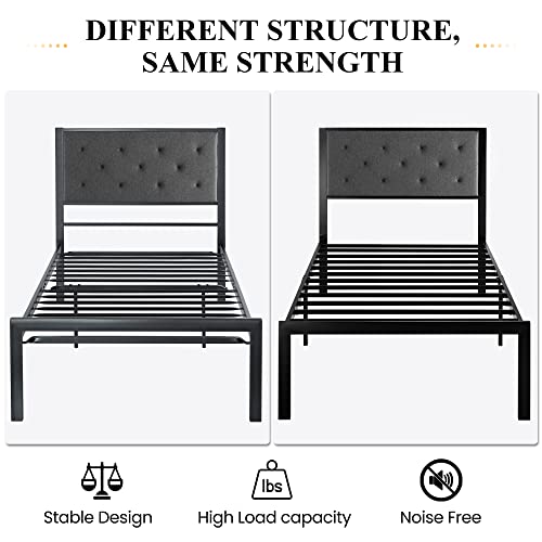 SHA CERLIN Twin Size Metal Platform Bed Frame with Fabric Upholstered Button Tufted Headboard, Mattress Foundation with 17 Strong Metal Slats Support, No Box Spring Needed, Easy Assembly, Dark Grey