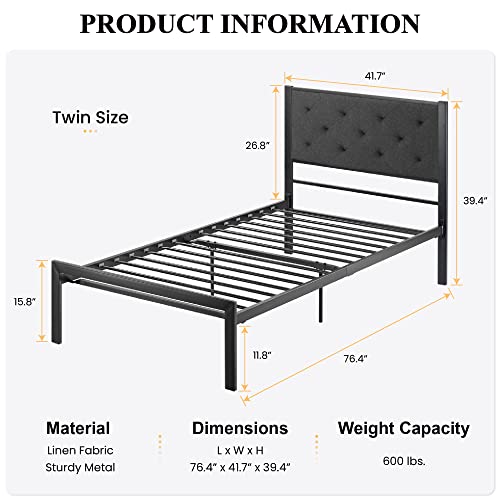 SHA CERLIN Twin Size Metal Platform Bed Frame with Fabric Upholstered Button Tufted Headboard, Mattress Foundation with 17 Strong Metal Slats Support, No Box Spring Needed, Easy Assembly, Dark Grey