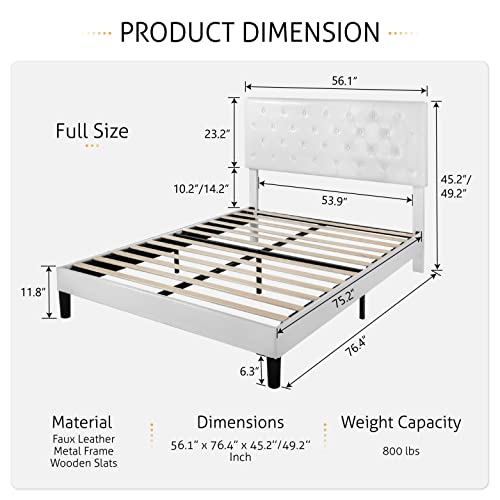 SHA CERLIN Full Size Bed Frame with Button Tufted Headboard, Faux Leather Upholstered Mattress Foundation, Platform Bed Frame, Wooden Slat Support, No Box Spring Needed, White