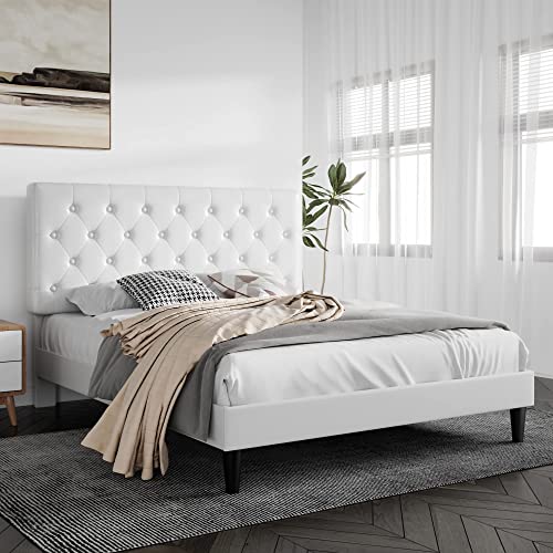 SHA CERLIN Full Size Bed Frame with Button Tufted Headboard, Faux Leather Upholstered Mattress Foundation, Platform Bed Frame, Wooden Slat Support, No Box Spring Needed, White