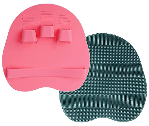 2 Pack Soft Silicone Shower Brush, Body & Face & Short Hair Wash, Bath Exfoliating Skin Massage Scrubber, Dry Skin Brushing Glove Loofah, Fit for Sensitive and All Kinds of Skin (PeonyPink+Green)