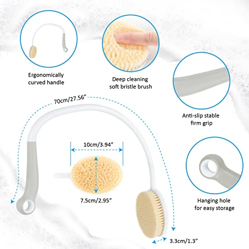 FULLOFJOY Back Bath Brush Long Handle for Shower, Curved Back Scrubber for The Elderly, Disabled, Limited Mobility, U-Shaped Body Shower Brush for Man and Woman, 27.56” Length