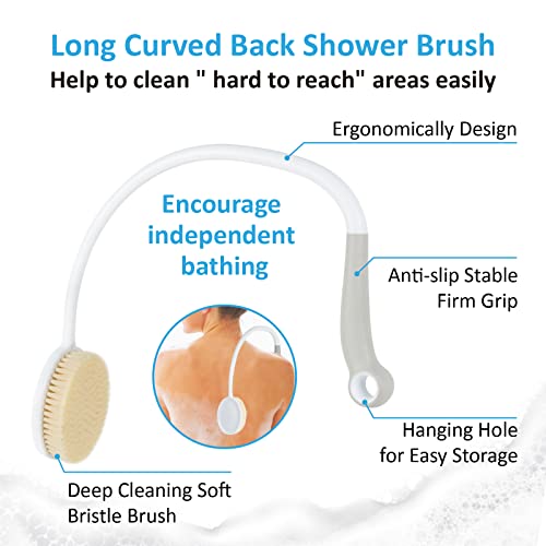 FULLOFJOY Back Bath Brush Long Handle for Shower, Curved Back Scrubber for The Elderly, Disabled, Limited Mobility, U-Shaped Body Shower Brush for Man and Woman, 27.56” Length