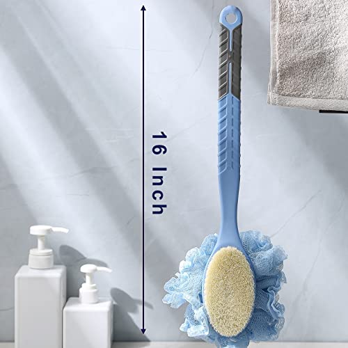 [2nd Generation] Shower Body Brush with Bristles and Loofah,Back Scrubber Bath Mesh Sponge with Curved 16" Long Non-Slip Handle Skin Exfoliating Massage Suitable for Men and Women (Blue)