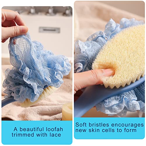 [2nd Generation] Shower Body Brush with Bristles and Loofah,Back Scrubber Bath Mesh Sponge with Curved 16" Long Non-Slip Handle Skin Exfoliating Massage Suitable for Men and Women (Blue)