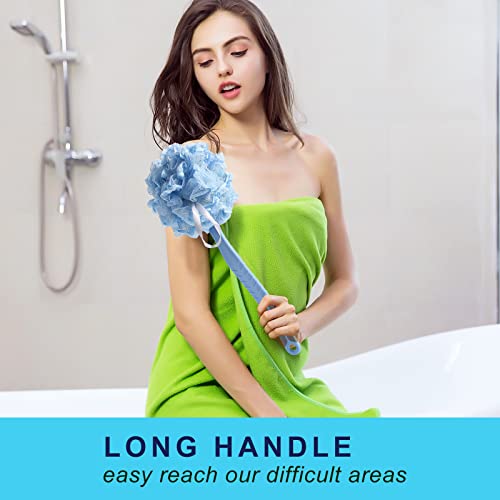 [2nd Generation] Shower Body Brush with Bristles and Loofah,Back Scrubber Bath Mesh Sponge with Curved 16" Long Non-Slip Handle Skin Exfoliating Massage Suitable for Men and Women (Blue)