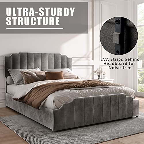 PaPaJet Queen Platform Bed Frame with 4 Storage Drawers Curved Upholstered Velvet Bed Frame with Adjustable Headboard, Wood Slat Support, No Box Spring Required, Mattress Foundation, Dark Grey