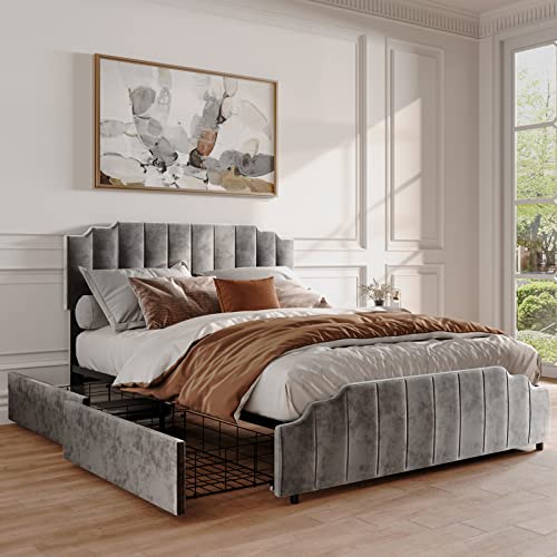 PaPaJet Queen Platform Bed Frame with 4 Storage Drawers Curved Upholstered Velvet Bed Frame with Adjustable Headboard, Wood Slat Support, No Box Spring Required, Mattress Foundation, Dark Grey