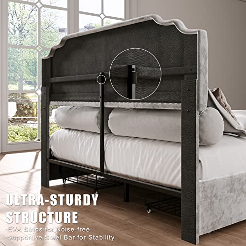 PaPaJet Queen Platform Bed Frame with 4 Storage Drawers Curved Upholstered Velvet Bed Frame with Adjustable Headboard, Wood Slat Support, No Box Spring Required, Mattress Foundation, Dark Grey