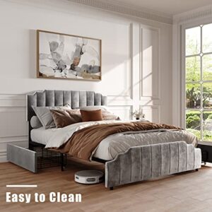 PaPaJet Queen Platform Bed Frame with 4 Storage Drawers Curved Upholstered Velvet Bed Frame with Adjustable Headboard, Wood Slat Support, No Box Spring Required, Mattress Foundation, Dark Grey