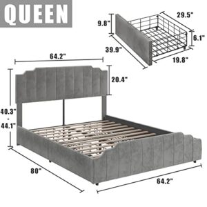 PaPaJet Queen Platform Bed Frame with 4 Storage Drawers Curved Upholstered Velvet Bed Frame with Adjustable Headboard, Wood Slat Support, No Box Spring Required, Mattress Foundation, Dark Grey