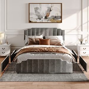 PaPaJet Queen Platform Bed Frame with 4 Storage Drawers Curved Upholstered Velvet Bed Frame with Adjustable Headboard, Wood Slat Support, No Box Spring Required, Mattress Foundation, Dark Grey