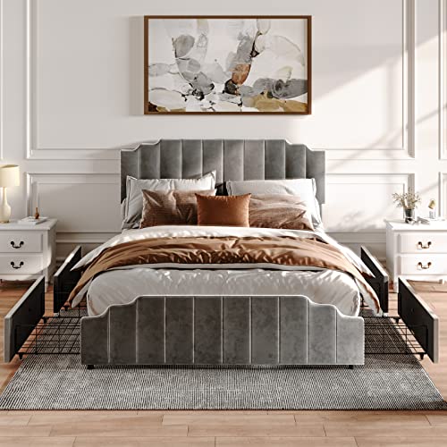 PaPaJet Queen Platform Bed Frame with 4 Storage Drawers Curved Upholstered Velvet Bed Frame with Adjustable Headboard, Wood Slat Support, No Box Spring Required, Mattress Foundation, Dark Grey