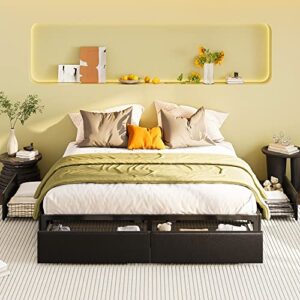 anctor king bed frame with 4 drawers, faux leather upholstered platform bed, bed with storage no box spring needed,metal slats support, easy assembly