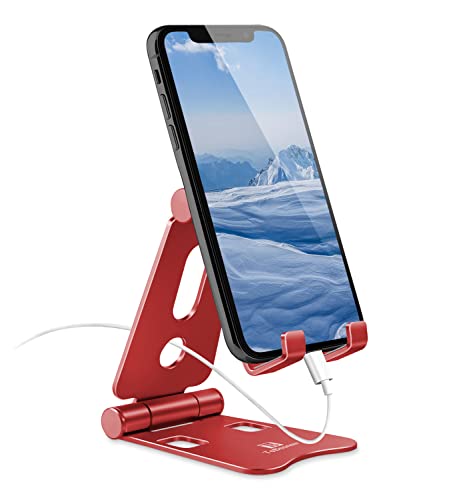 Tobeoneer Foldable Cell Phone Stand - Desk Phone Holder, Adjustable Alluminum Dock for iPhone 14 13 12 11 Pro XR XS Max 8 7 6 6s Plus Mini iPad Tablet (Red)