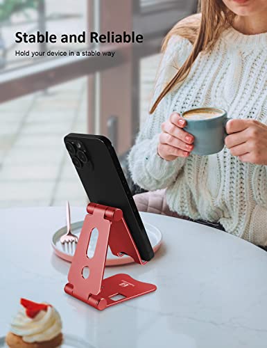 Tobeoneer Foldable Cell Phone Stand - Desk Phone Holder, Adjustable Alluminum Dock for iPhone 14 13 12 11 Pro XR XS Max 8 7 6 6s Plus Mini iPad Tablet (Red)