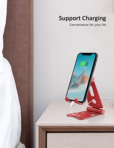 Tobeoneer Foldable Cell Phone Stand - Desk Phone Holder, Adjustable Alluminum Dock for iPhone 14 13 12 11 Pro XR XS Max 8 7 6 6s Plus Mini iPad Tablet (Red)