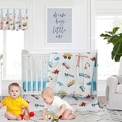 Brandream Crib Bedding Set for Boys Construction Truck Nursery Bedding Set Cotton 3 Pieces|Vehicles Excavator Car Cotton Comforter, Fitted Crib Sheet, Crib Bed Skirt| Baby Blue Yellow Red White