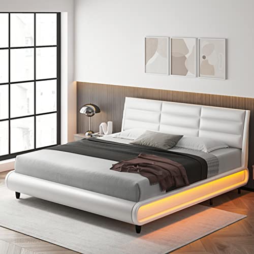 HOSTACK King Size Upholstered Bed Frame with Smart LED, PU Low Profile Sleigh Platform Bed with Adjustable Headboard, Modern Mattress Foundation with Wood Slats, Lights Sync with Music (White, King)