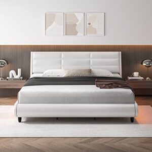 HOSTACK King Size Upholstered Bed Frame with Smart LED, PU Low Profile Sleigh Platform Bed with Adjustable Headboard, Modern Mattress Foundation with Wood Slats, Lights Sync with Music (White, King)