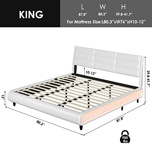 HOSTACK King Size Upholstered Bed Frame with Smart LED, PU Low Profile Sleigh Platform Bed with Adjustable Headboard, Modern Mattress Foundation with Wood Slats, Lights Sync with Music (White, King)