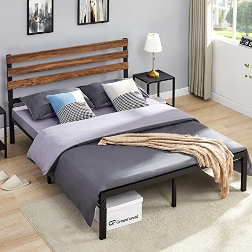 GreenForest Queen Bed Frame with Wooden Headboard Platform Bed with Metal Support Slats NO-Noise Heavy Duty Bed Industrial Country Style with 9 Strong Legs No Need Box Spring, Queen