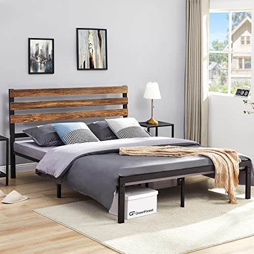 GreenForest Queen Bed Frame with Wooden Headboard Platform Bed with Metal Support Slats NO-Noise Heavy Duty Bed Industrial Country Style with 9 Strong Legs No Need Box Spring, Queen