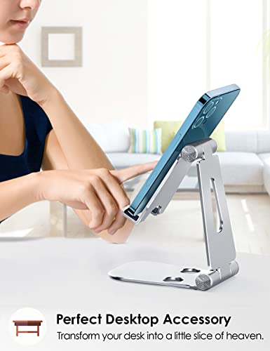 KTRIO Adjustable Cell Phone Stand, Aluminum Phone Stand for Desk, Foldable Phone Holder Compatible with iPhone 13 Pro Max 11 12 Xr 8 7 SE, Pad, Tablet, Smartphone - Silver