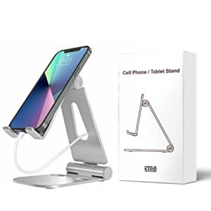 KTRIO Adjustable Cell Phone Stand, Aluminum Phone Stand for Desk, Foldable Phone Holder Compatible with iPhone 13 Pro Max 11 12 Xr 8 7 SE, Pad, Tablet, Smartphone - Silver