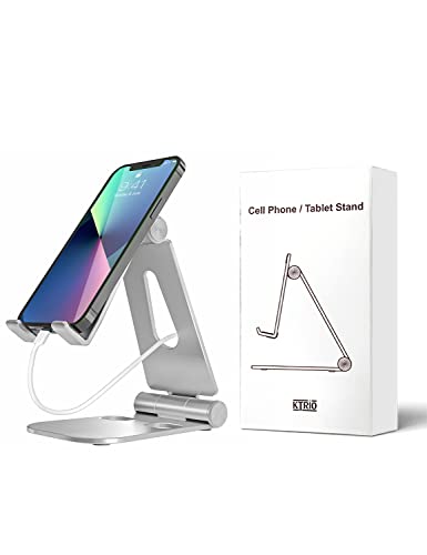 KTRIO Adjustable Cell Phone Stand, Aluminum Phone Stand for Desk, Foldable Phone Holder Compatible with iPhone 13 Pro Max 11 12 Xr 8 7 SE, Pad, Tablet, Smartphone - Silver