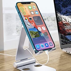 KTRIO Adjustable Cell Phone Stand, Aluminum Phone Stand for Desk, Foldable Phone Holder Compatible with iPhone 13 Pro Max 11 12 Xr 8 7 SE, Pad, Tablet, Smartphone - Silver