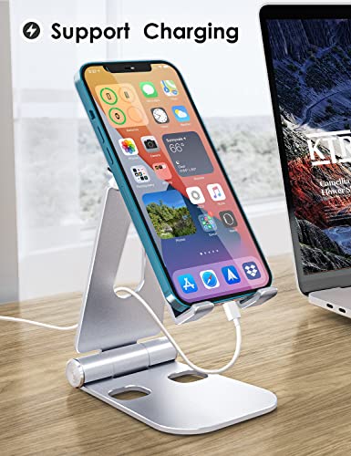 KTRIO Adjustable Cell Phone Stand, Aluminum Phone Stand for Desk, Foldable Phone Holder Compatible with iPhone 13 Pro Max 11 12 Xr 8 7 SE, Pad, Tablet, Smartphone - Silver