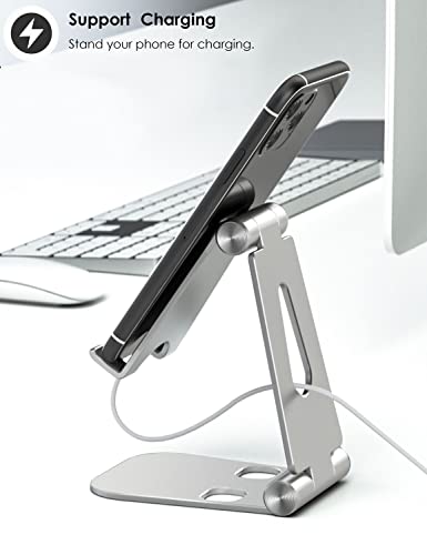 KTRIO Adjustable Cell Phone Stand, Aluminum Phone Stand for Desk, Foldable Phone Holder Compatible with iPhone 13 Pro Max 11 12 Xr 8 7 SE, Pad, Tablet, Smartphone - Silver