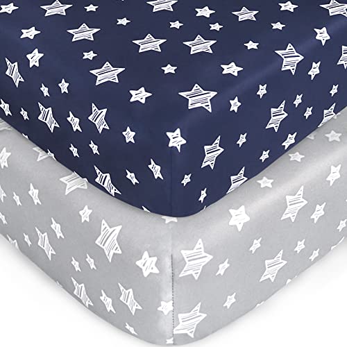 Crib Sheets for Boys or Girls 2 Pack, Fitted Crib Sheet for Standard Size Crib and Toddler Mattresses, Soft and Breathable Material, Grey & Navy