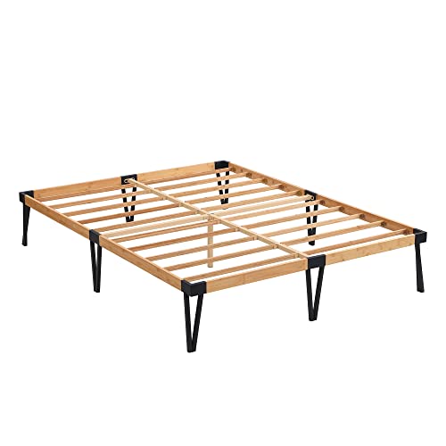 HW COMFORT 14 Inch Queen Solid Bamboo and Metal Platform Bed Frame/Bamboo Wood Slat Support/No Box Spring Needed/Easy Assembly, Natural & Black