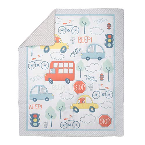 Sammy & Lou Beep Beep 4-Piece Baby Nursery Crib Bedding Set, Includes Quilt, Fitted Crib Sheet, Crib Skirt, and Plush Toy