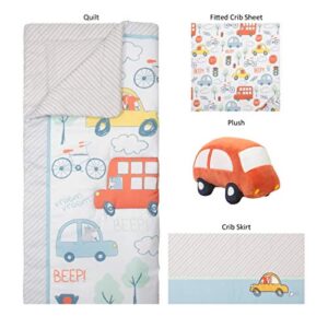 Sammy & Lou Beep Beep 4-Piece Baby Nursery Crib Bedding Set, Includes Quilt, Fitted Crib Sheet, Crib Skirt, and Plush Toy