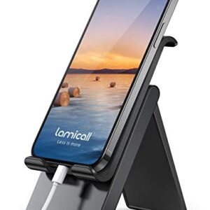 Lamicall Adjustable Cell Phone Stand - Foldable Portable Holder Cradle for Desk, Desktop Charging Dock Compatible with Phone 12 Mini 11 Pro XS Max XR X 8 7 6S Plus Galaxy S10 S9 S8 Smartphones Black