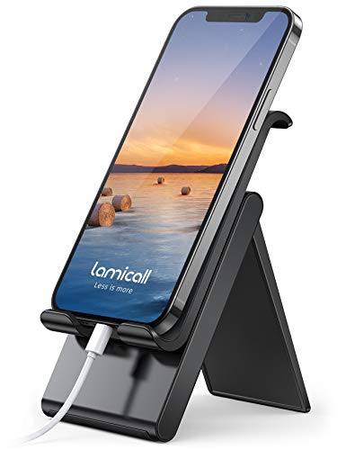 Lamicall Adjustable Cell Phone Stand - Foldable Portable Holder Cradle for Desk, Desktop Charging Dock Compatible with Phone 12 Mini 11 Pro XS Max XR X 8 7 6S Plus Galaxy S10 S9 S8 Smartphones Black