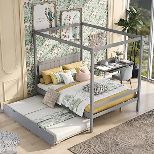 RUNNA Modern Full Size Canopy Platform Bed with Trundle, Solid Wood Bed Frame with Slide Rail, Slat Support Leg, Noise Free/No Box Sprin