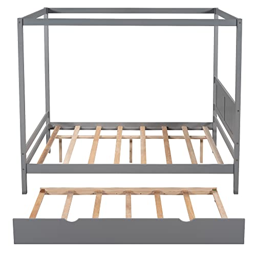 RUNNA Modern Full Size Canopy Platform Bed with Trundle, Solid Wood Bed Frame with Slide Rail, Slat Support Leg, Noise Free/No Box Sprin