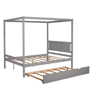 RUNNA Modern Full Size Canopy Platform Bed with Trundle, Solid Wood Bed Frame with Slide Rail, Slat Support Leg, Noise Free/No Box Sprin