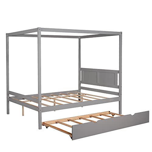 RUNNA Modern Full Size Canopy Platform Bed with Trundle, Solid Wood Bed Frame with Slide Rail, Slat Support Leg, Noise Free/No Box Sprin